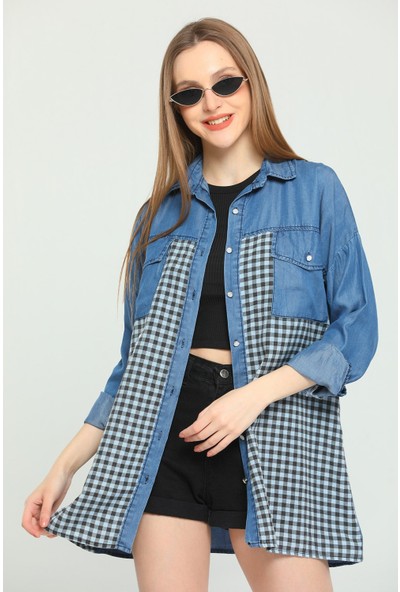 Julude Mavi Kadın Pötikare Deatylı Salaş Spor Jean Gömlek Julude Mavi Kadın Pötikare Deatylı Salaş Spor Jean Gömlek