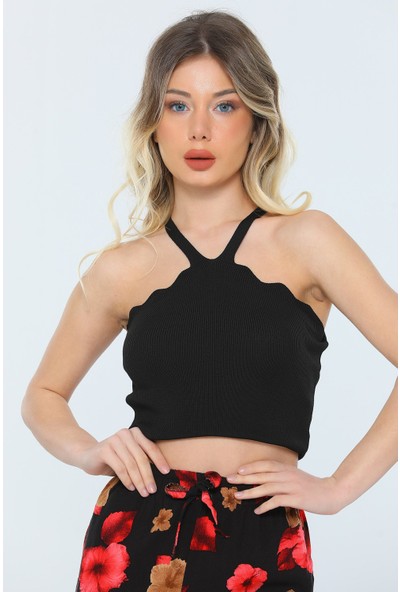 Julude Siyah Kadın Likralı Boyundan Çapraz Askılı Body Triko Bluz Julude Siyah Kadın Likralı Boyundan Çapraz Askılı Body Triko Bluz