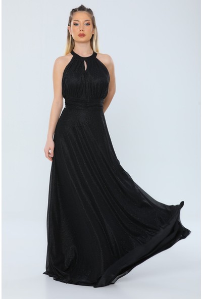 Julude Siyah Kadın Boyun Detaylı Iç Astarlı Işıltılı Uzun Tül Abiye Elbise
