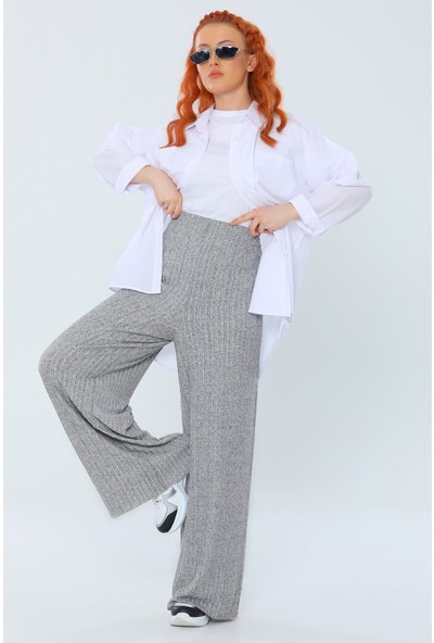 Julude Gri Kadın Modest Ekstra Yüksek Bel Likralı Bol Paça Fitilli Tesettür Pantolon