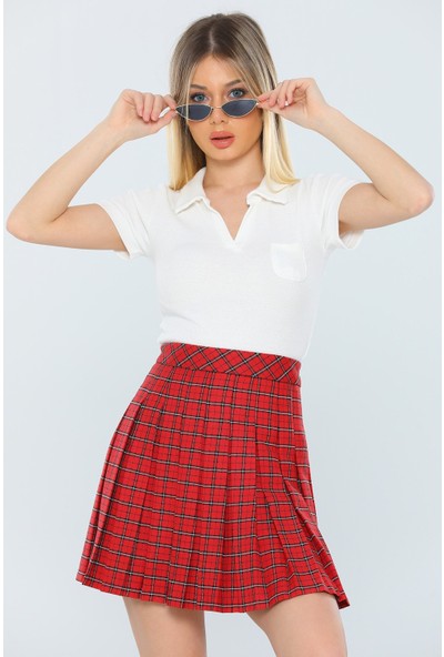 Julude Kırmızı Kadın Ekose Desenli Pileli Mini Etek Julude Kırmızı Kadın Ekose Desenli Pileli Mini Etek