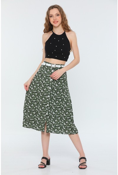 Julude Haki Kadın Bel Lastikli Çiçek Desenli Midi Boy Etek