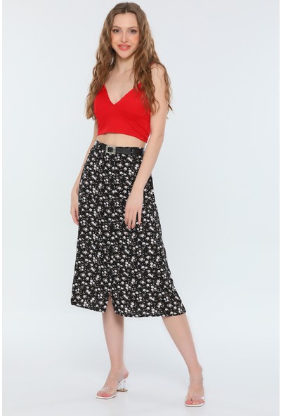 Julude Siyah Kadın Bel Lastikli Çiçek Desenli Midi Boy Etek Julude Siyah Kadın Bel Lastikli Çiçek Desenli Midi Boy Etek