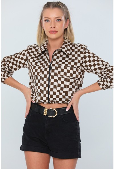 Julude Kahve Kadın Desenli Cepli Fermuarlı Bel Lastikli Ceket Julude Kahve Kadın Desenli Cepli Fermuarlı Bel Lastikli Ceket