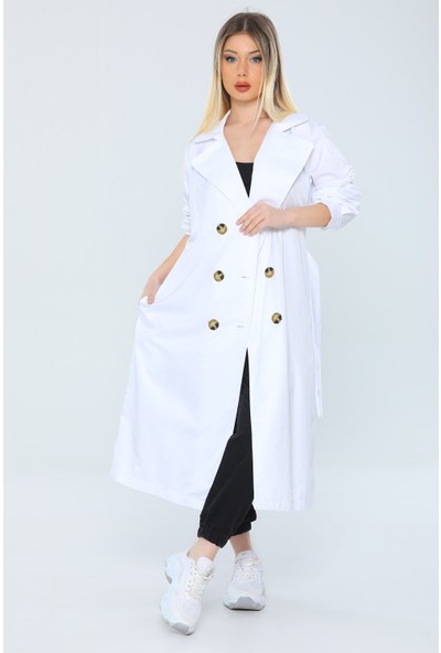 Julude Beyaz Kadın Retro Kruvaze Yaka Trençkot