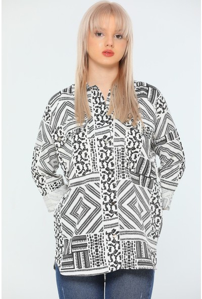 Julude Siyah Kadın Etnik Desen Salaş Mevsimlik Gömlek Ceket
