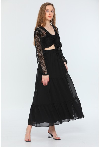Julude Siyah Kadın Bel Lastikli Astarlı Uzun Şifon Etek
