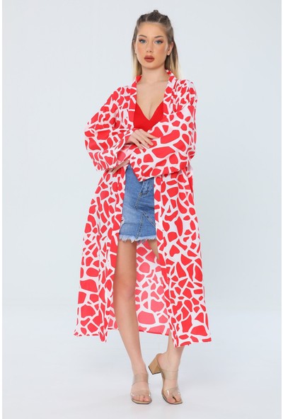 Julude Kırmızı Kadın Truvakar Kol Desenli Kimono Hırka