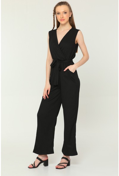 Julude Siyah Kadın Likralı Kruvaze Yaka Sıfır Kol Tulum