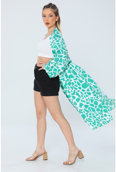 Julude Yeşil Kadın Truvakar Kol Desenli Kimono Hırka