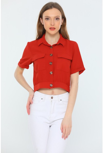 Julude Kiremit Kadın Kısa Kollu Yazlık Ayrobin Crop Gömlek Ceket Julude Kiremit Kadın Kısa Kollu Yazlık Ayrobin Crop Gömlek Ceket