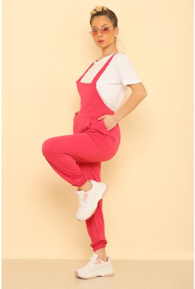 Julude Fuşya Kadın Likralı Sırt Çapraz Bahçıvan Salopet Tulum Julude Fuşya Kadın Likralı Sırt Çapraz Bahçıvan Salopet Tulum