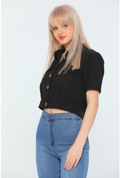 Julude Siyah Kadın Kısa Kollu Yazlık Ayrobin Crop Gömlek Ceket Julude Siyah Kadın Kısa Kollu Yazlık Ayrobin Crop Gömlek Ceket