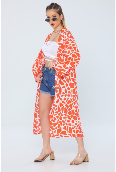 Julude Orange Kadın Truvakar Kol Desenli Kimono Hırka