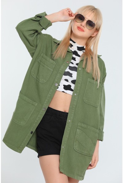 Julude Haki Kadın Oversize Cep Detaylı Boyfriend Jean Ceket Julude Haki Kadın Oversize Cep Detaylı Boyfriend Jean Ceket