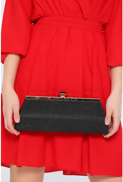 Julude Siyah Kadın Taşlı Simli Abiye Çanta