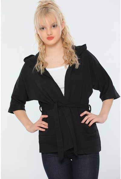 Julude Siyah Kadın Likralı Kapüşonlu Mevsimlik Triko Panço Hırka