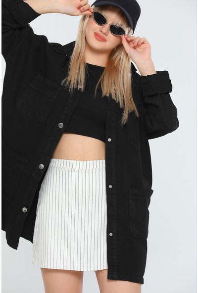 Julude Siyah Kadın Oversize Cep Detaylı Boyfriend Jean Ceket Julude Siyah Kadın Oversize Cep Detaylı Boyfriend Jean Ceket