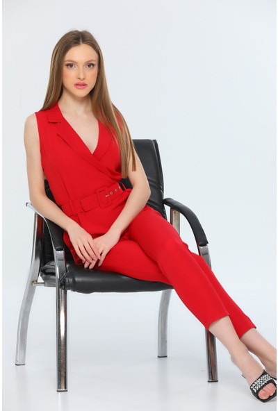 Julude Kırmızı Kadın Kruvaze Yaka Kemerli Cepli Tulum