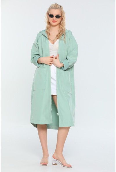Julude Mint Kadın Oversize Kapüşonlu Çift Cepli Trençkot Julude Mint Kadın Oversize Kapüşonlu Çift Cepli Trençkot