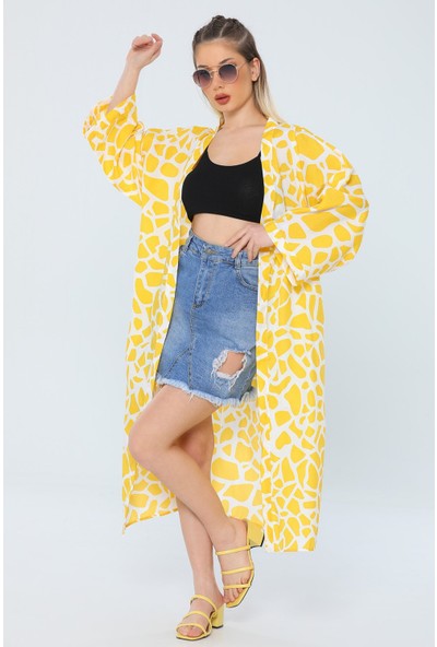 Julude Sarı Kadın Truvakar Kol Desenli Kimono Hırka
