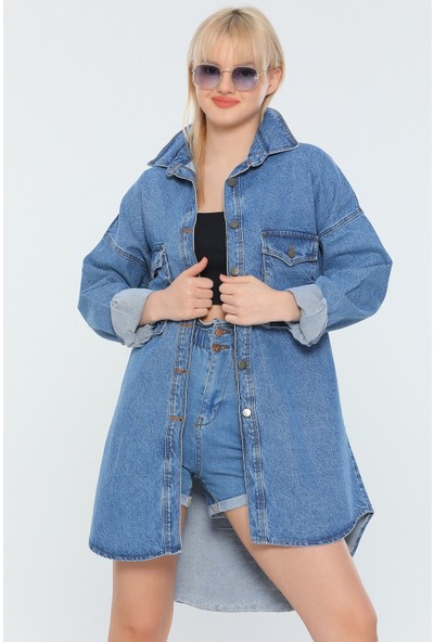 Julude Mavi Kadın Oversize Cepli Boyfriend Jean Ceket Julude Mavi Kadın Oversize Cepli Boyfriend Jean Ceket