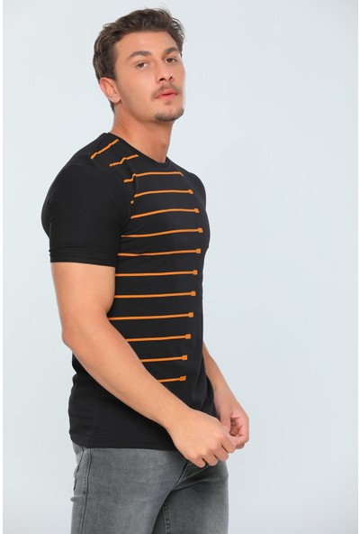Julude Siyah Erkek Likralı Bisiklet Yaka Slim Fit T-Shirt