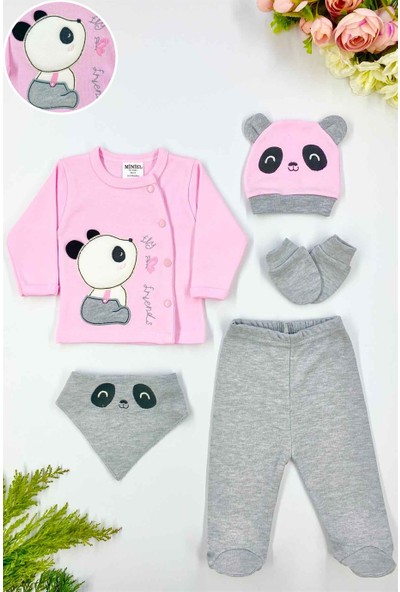 Miniel Yenidoğan Kız Bebek Little Panda Nakışlı 5'li Hastane Çıkışı - Pembe Miniel Yenidoğan Kız Bebek Little Panda Nakışlı 5'li Hastane Çıkışı - Pembe