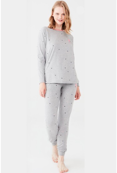 U.S. Polo Assn. Us Polo Assn Kadın Gri Melanj Yuvarlak Yaka Pijama Takım 16641