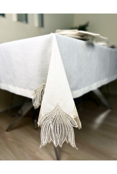 NuBu Atelier Zambak Model Güpürlü Masa Örtüsü Sofra Takımı 12 Peçeteli Dantelli Gardenya Kumaş (26 Parça)