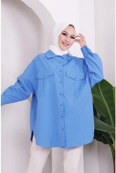 İmaj Butik Salaş Keten Tesettür Gömlek/mavi