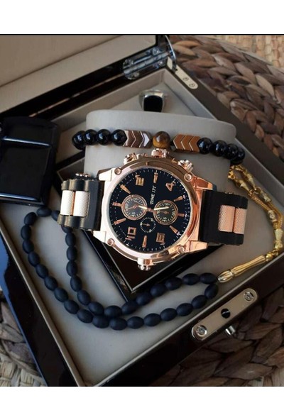 Timeist Vişneli Erkek Hediye Seti Erkek Saat-Tesbih-Bileklik-Çakmak-Yüzük
