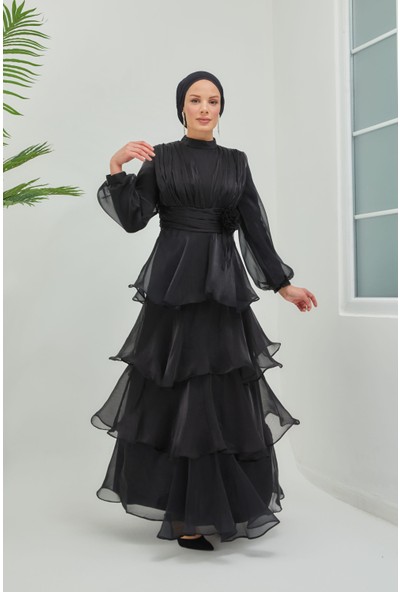 Moda Echer Işıltı Kumaş Kat Kat Çingene Etek Tesettür Abiye Elbise 7760