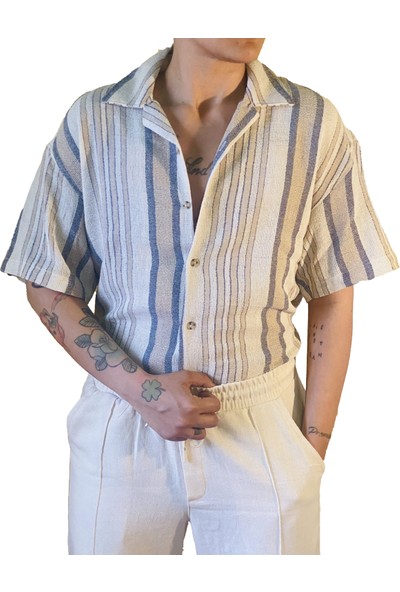 Giesto Mavi Çizgili Pamuk Keten Gömlek