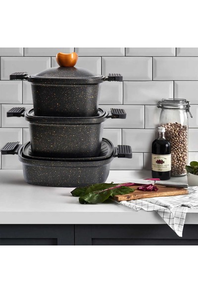 Acar Liya Black 20+22+26 cm 6 Parça Kare Döküm Tencere Takımı Siyah