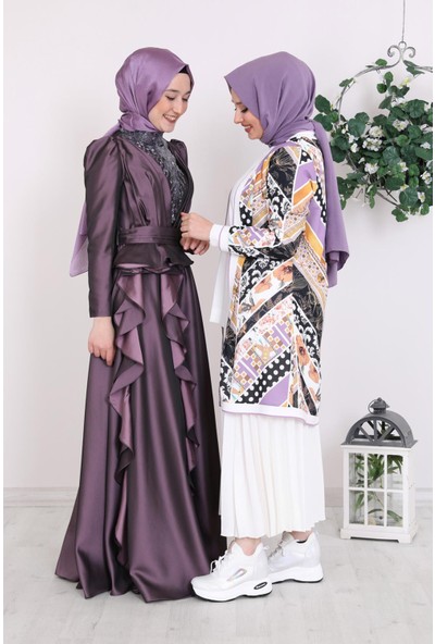 Tığ Triko Nisaca Desenli Ribanalı Tesettür Kimono | Tığ Lila