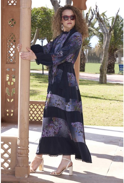 Misswhence Parça Desenli Ipek Kumaş Tasarım Elbise | Nisaca Lacivert