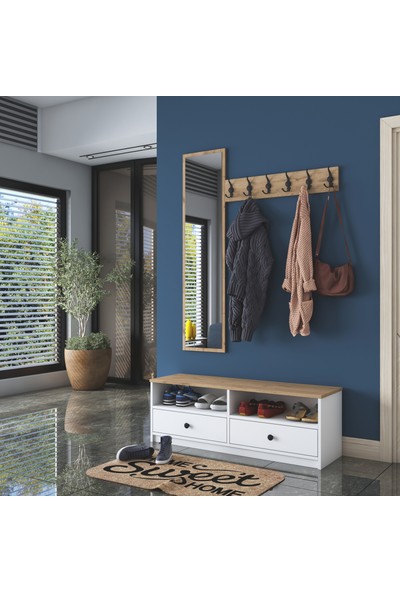 Rani EA102 Aynalı Portmanto 2 Çekmeceli Ayakkabılık ve Duvar Askısı 6 Askılı Vestiyer Sepet Ceviz - Beyaz Rani EA102 Aynalı Portmanto 2 Çekmeceli Ayakkabılık ve Duvar Askısı 6 Askılı Vestiyer Sepet Ceviz - Beyaz