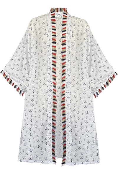 MAREVER FASHION Çapalı Marin Vual Kimono&kaftan Beyaz