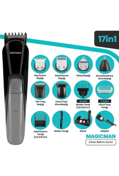Goldmaster Magicman Saç ve Sakal Vücut Tıraş Makinesi 17 In1 Standlı Erkek Bakım Seti GM9122 Goldmaster Magicman Saç ve Sakal Vücut Tıraş Makinesi 17 In1 Standlı Erkek Bakım Seti GM9122