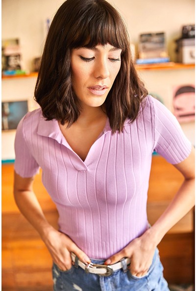 Graviola Vogue Kadın Polo Yaka Yazlık Fitilli Örme Bluz