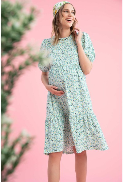 DeFacto Regular Fit Desenli Bisiklet Yaka Yarım Kollu Volanlı Hamile Elbisesi X3513AZ22SP DeFacto Regular Fit Desenli Bisiklet Yaka Yarım Kollu Volanlı Hamile Elbisesi X3513AZ22SP