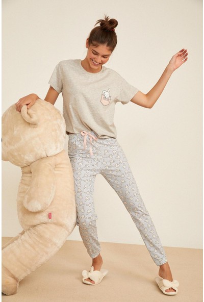 DeFacto Fall İn Love Regular Fit  Baskılı Kısa Kollu Pamuklu Pijama Takım X0726AZ22SP