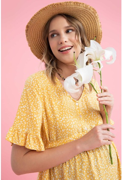 DeFacto Regular Fit V Yaka Çiçek Desenli Kısa Kollu Hamile Elbise X5470AZ22SM