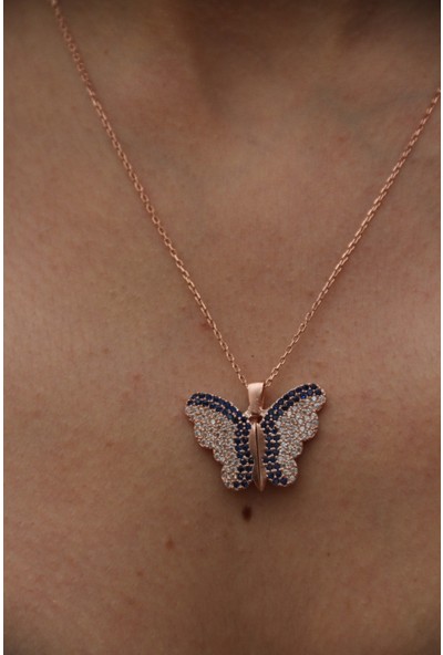 Sterling Silver Hayalet Kolye - Kelebek Desenli Açılabilir Mavi Bakır Renk Gümüş Kolye