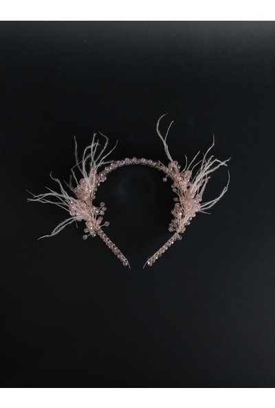 Türkay Aksesuar Pudra Pembe Renk Cam Boncuklu Tüylü Kına, Nişan, Düğün, Gelin Tacı