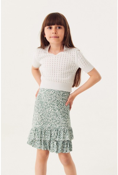 FullaModa Çiçek Desenli Önü Fırfırlı Çocuk Etek
