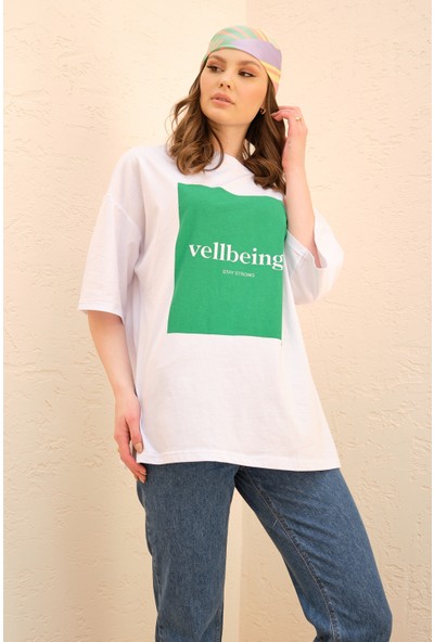 Tayf Kadın Yeşil Baskılı Beyaz Oversize T-Shirt Tayf Kadın Yeşil Baskılı Beyaz Oversize T-Shirt