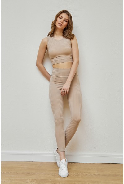 Payna Kadın Fitilli Spor Crop Tayt Takım