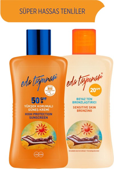 Eda Taşpınar Yüksek Korumalı Güneş Kremi SPF 50 & Beyaz Ten Bronzlaştırıcı SPF 20 (200 ml x 2 Çeşit)